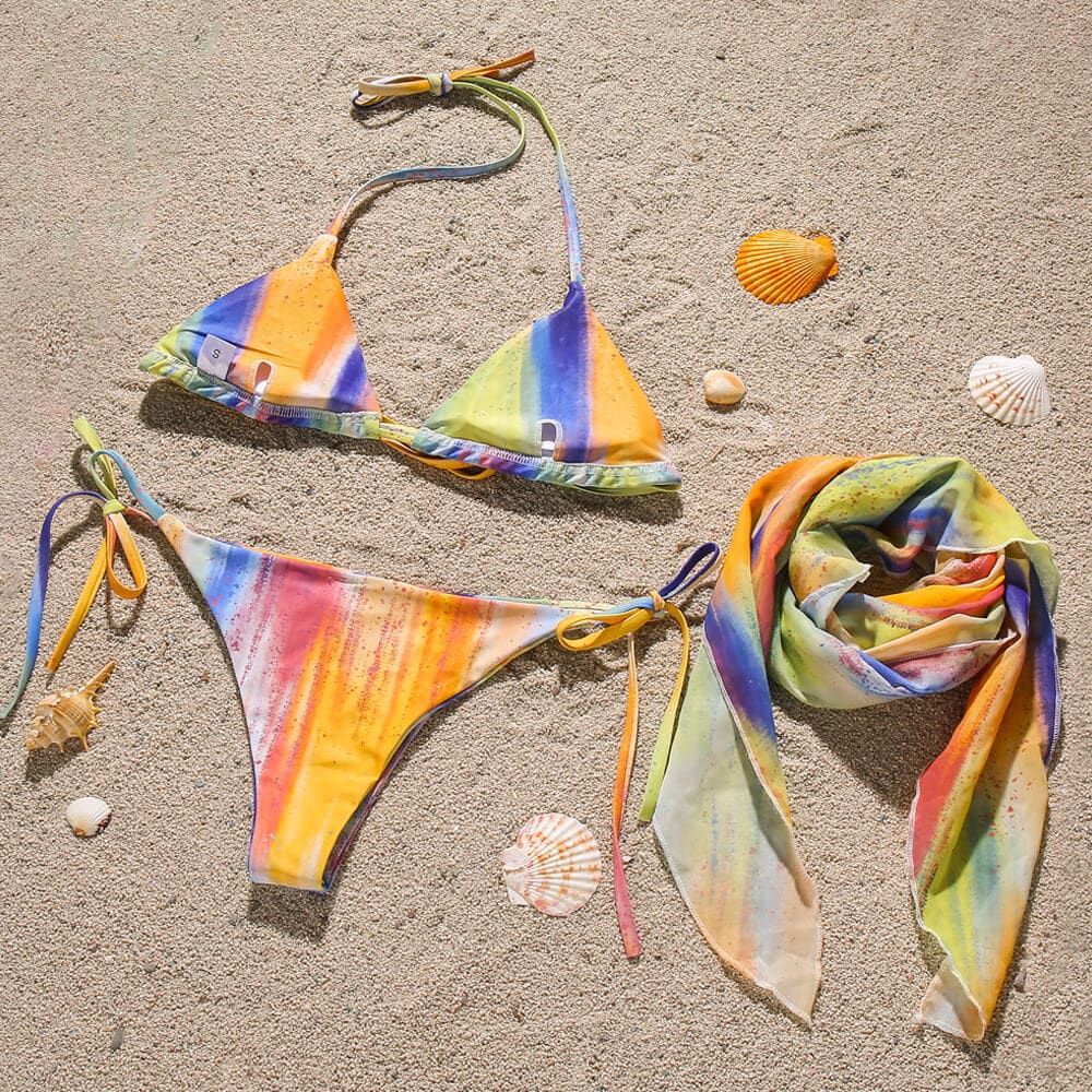 Sparkly Crystal Tie Dye Triangle Three Piece Swimsuit - Sunnybikinis