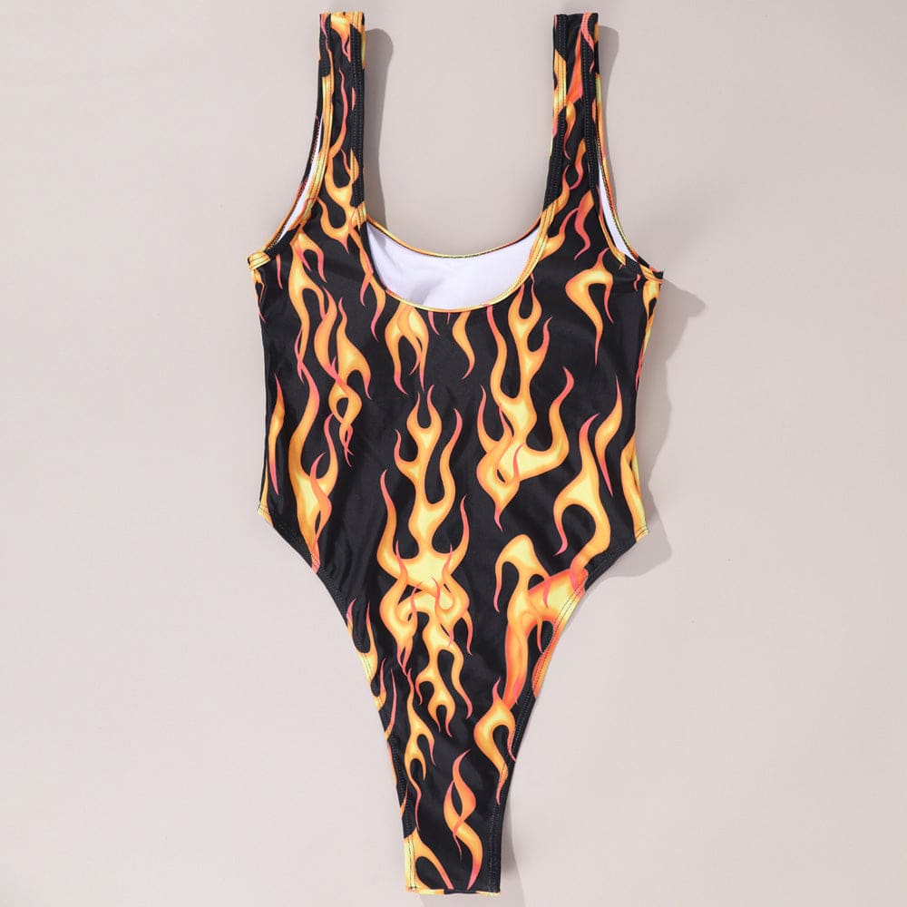 Contrast Flame High Cut Brazilian One Piece Swimsuit-Sunnybikinis