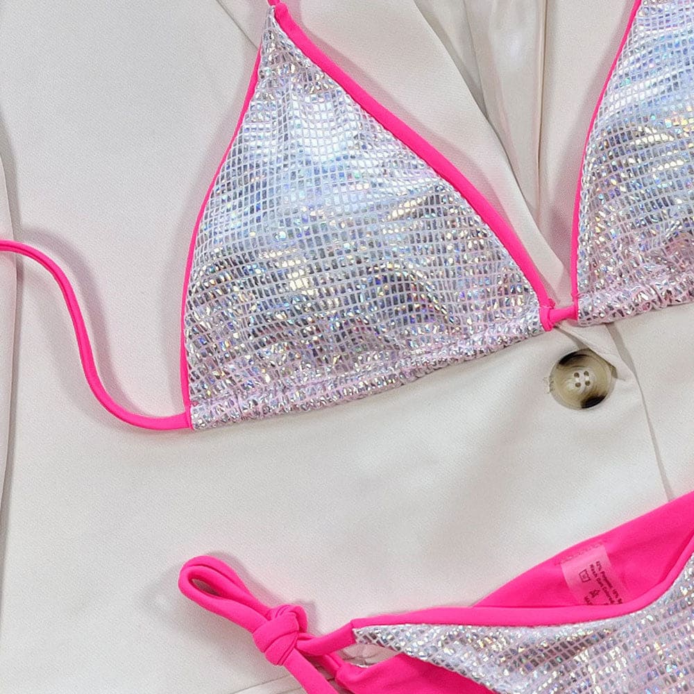 Glitter Halter Tie String Triangle Bikini Swimsuit - Sunnybikinis