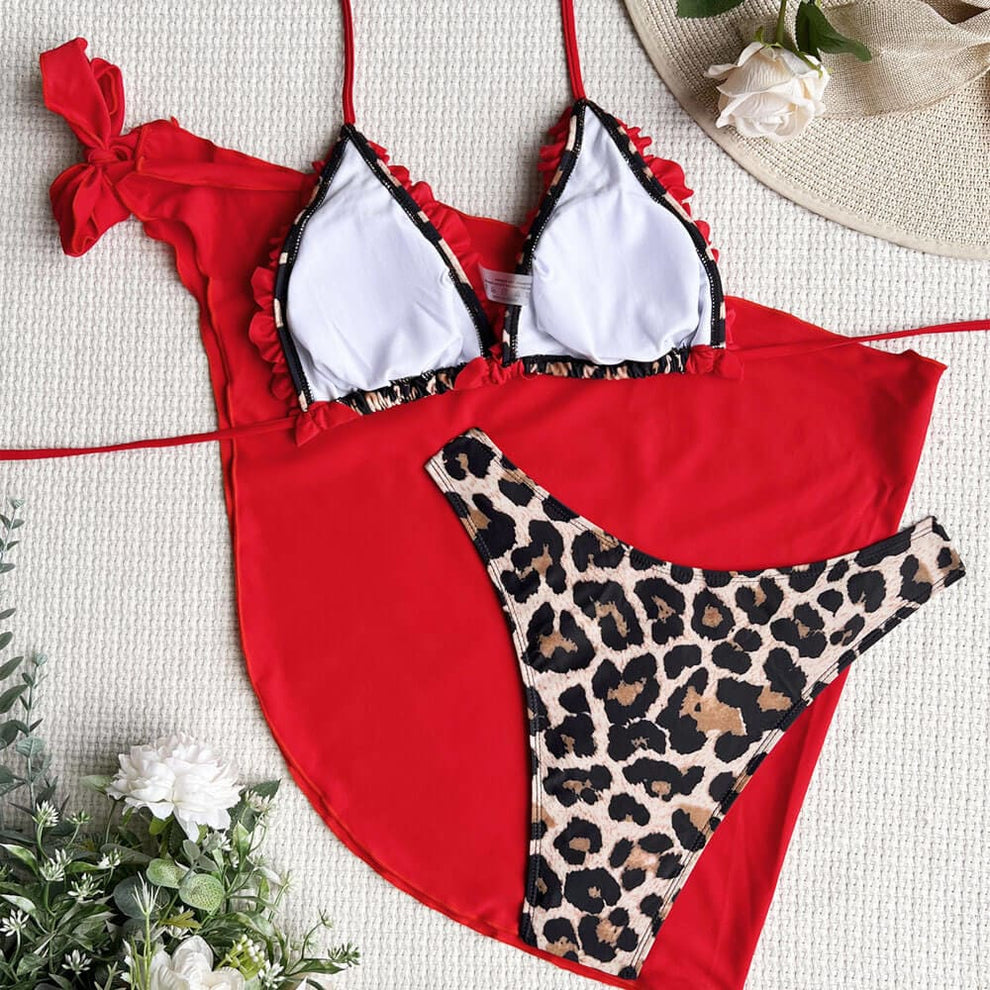 Leopard High Cut Ruffle Triangle Three Piece Swimsuit - Sunnybikinis