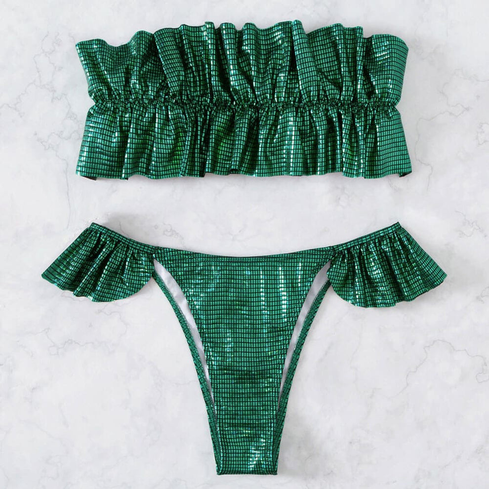 Plaid Ruched Ruffle Bandeau Bikini Swimsuit - Sunnybikinis