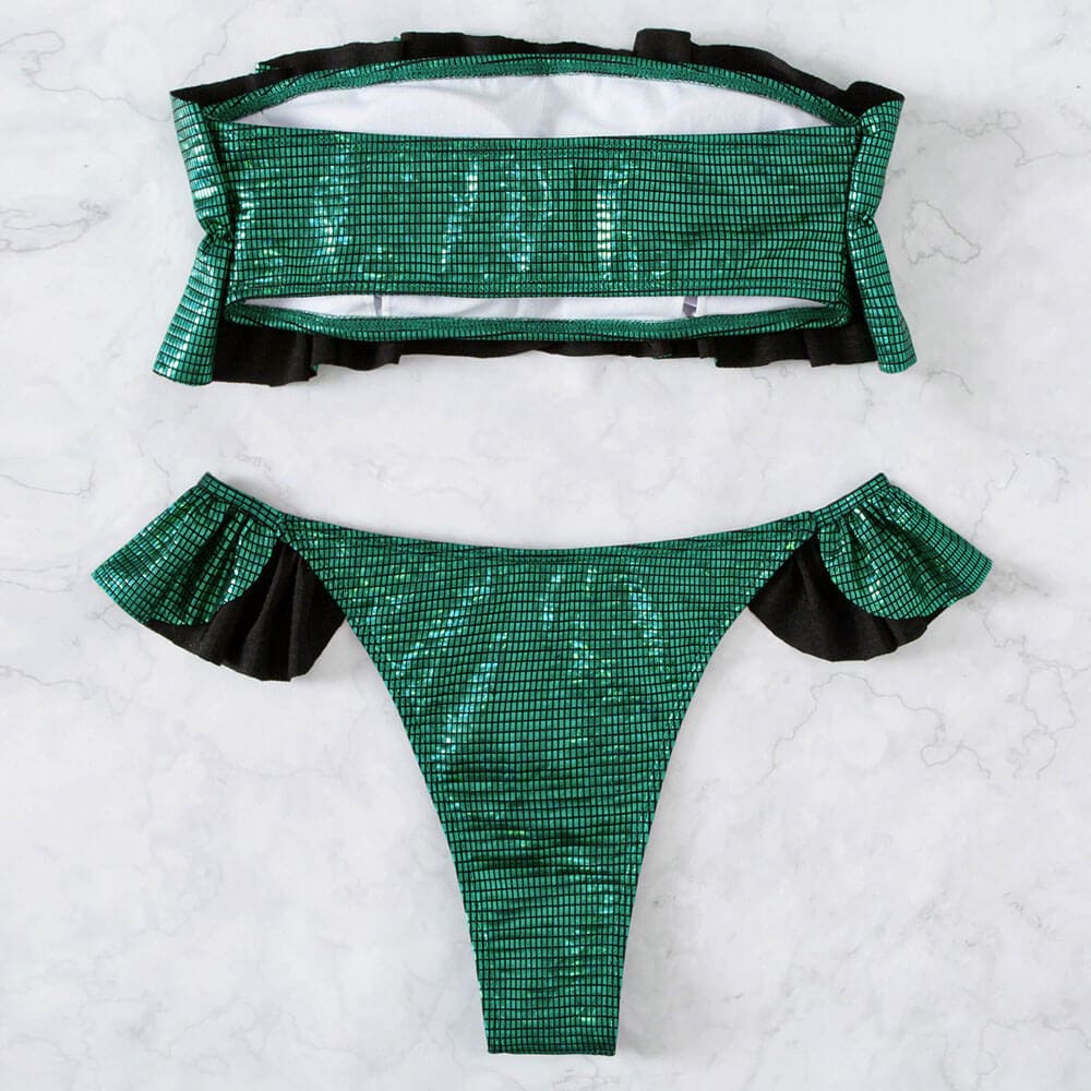 Plaid Ruched Ruffle Bandeau Bikini Swimsuit - Sunnybikinis