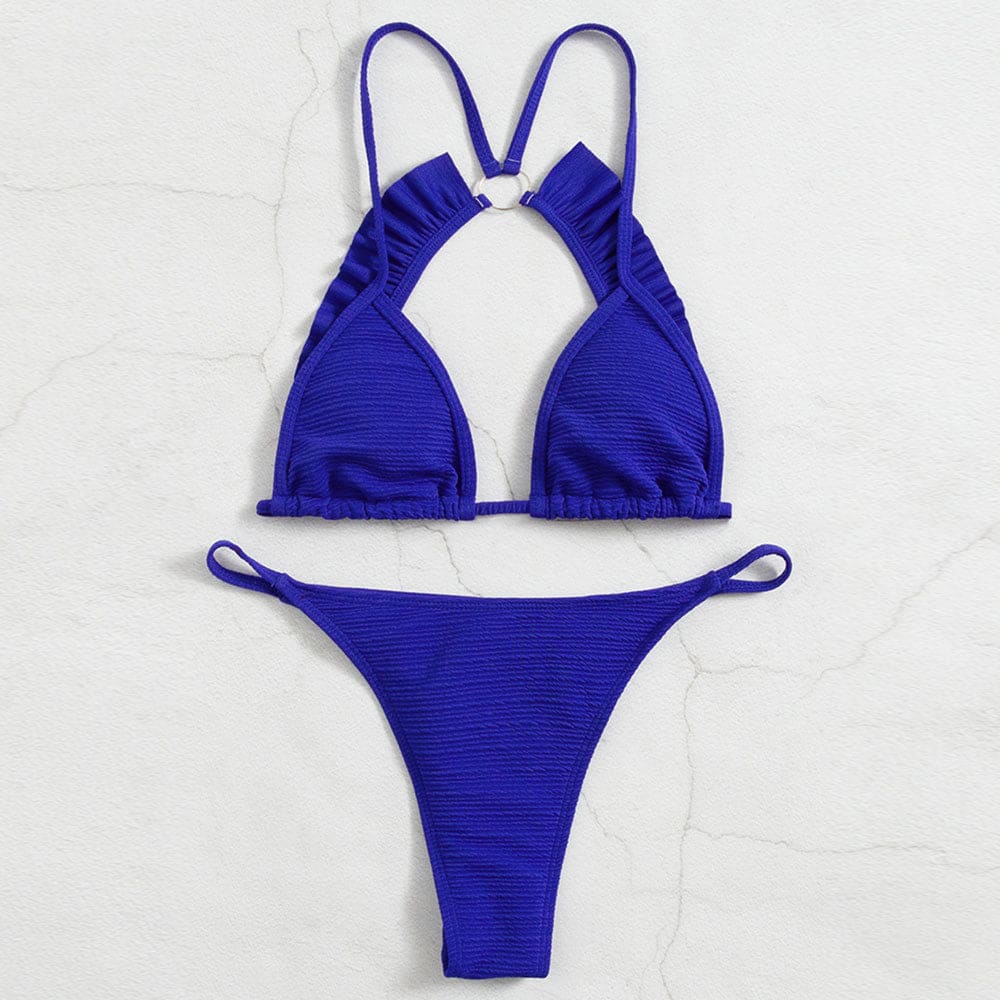 Ribbed Ruffle Triangle Brazilian Thong Bikini Swimsuit - Sunnybikinis