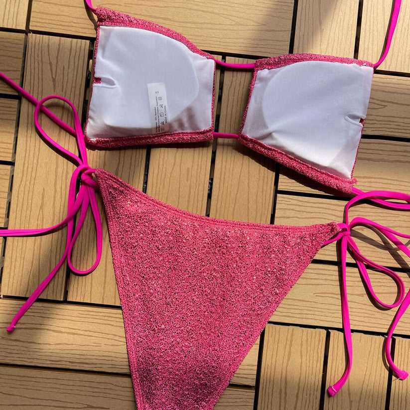 Shimmery Textured Tie String Halter Brazilian Bikini - Sunnybikinis