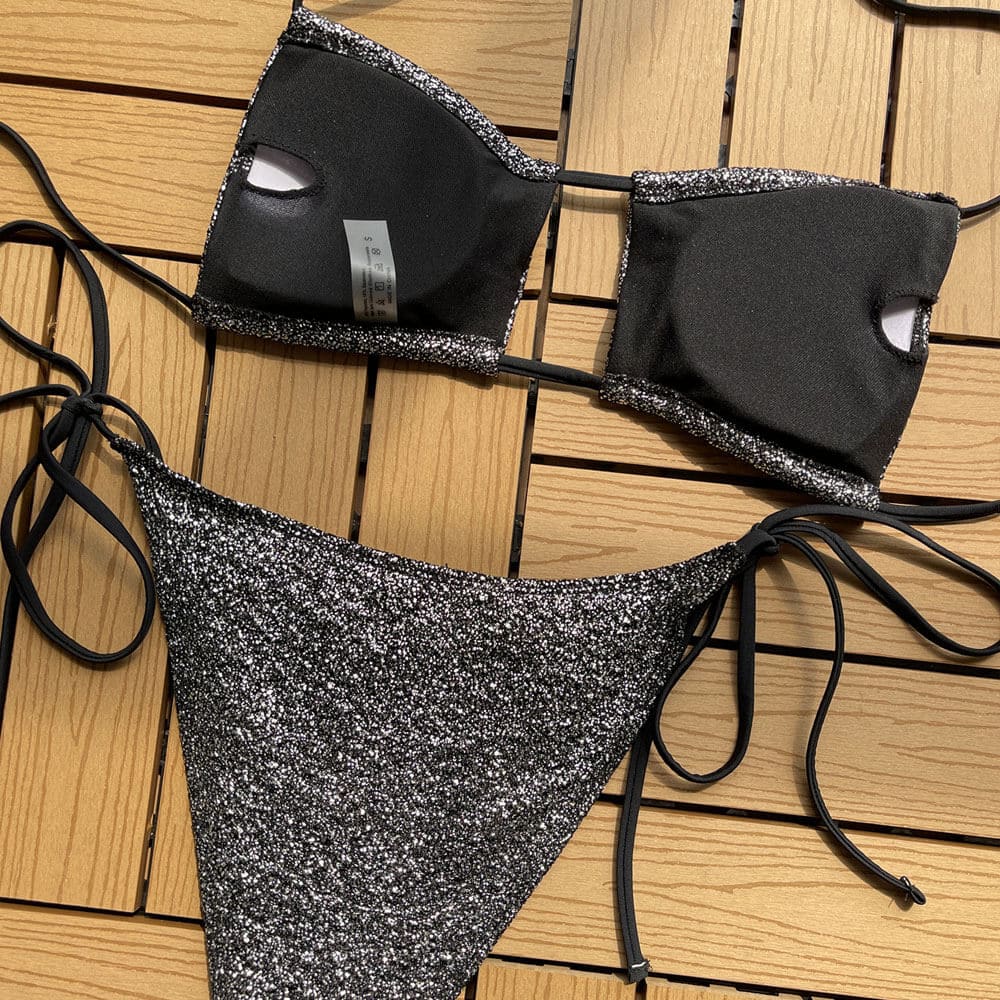 Shimmery Textured Tie String Halter Brazilian Bikini - Sunnybikinis