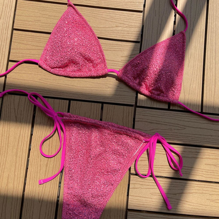 Shimmery Tie String Triangle Strappy Brazilian Bikini - Sunnybikinis